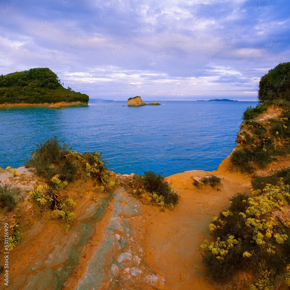 vertical summer view, amazing coast popular island of Greece - Corfu ...