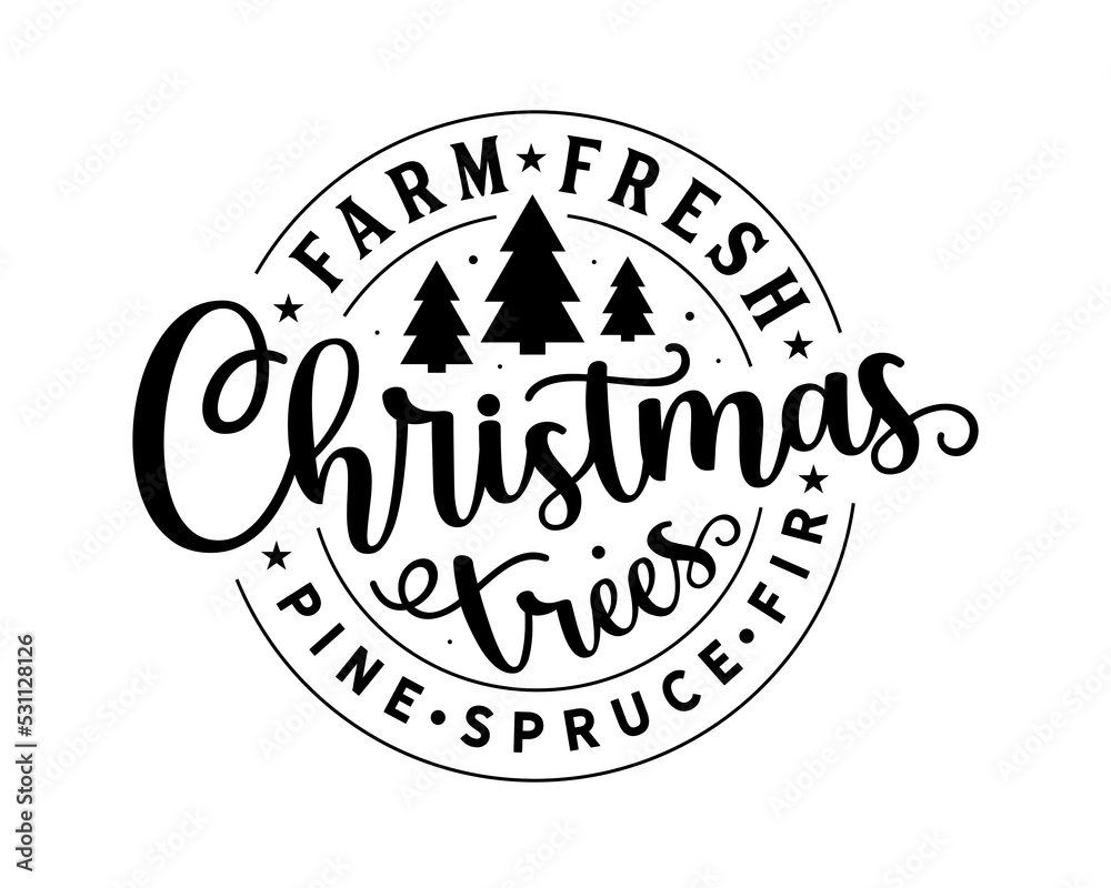 Christmas Farm Fresh Trees lettering greeting card. Hand-drawn ...