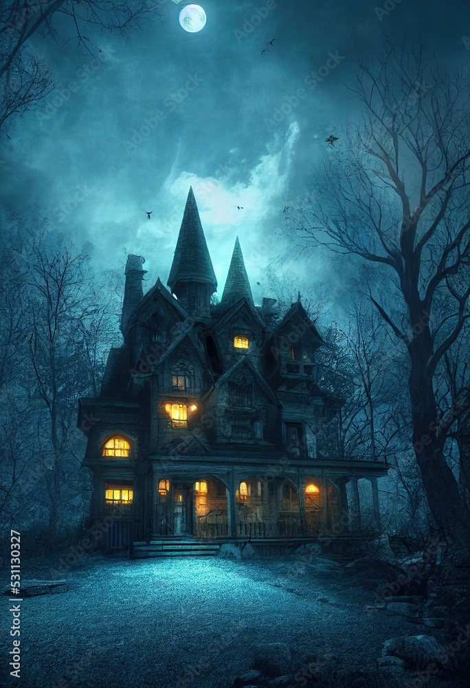 Mystical and spooky castle in the dark and in the fog. An ancient ...