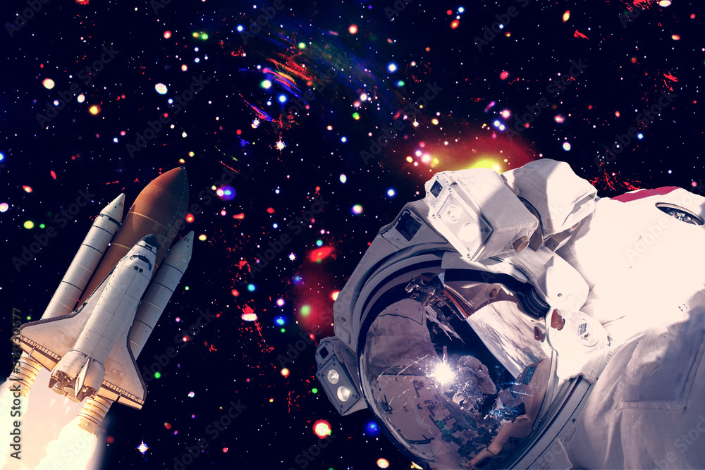 Rocket and astronaut in the space scene. The elements of this image ...