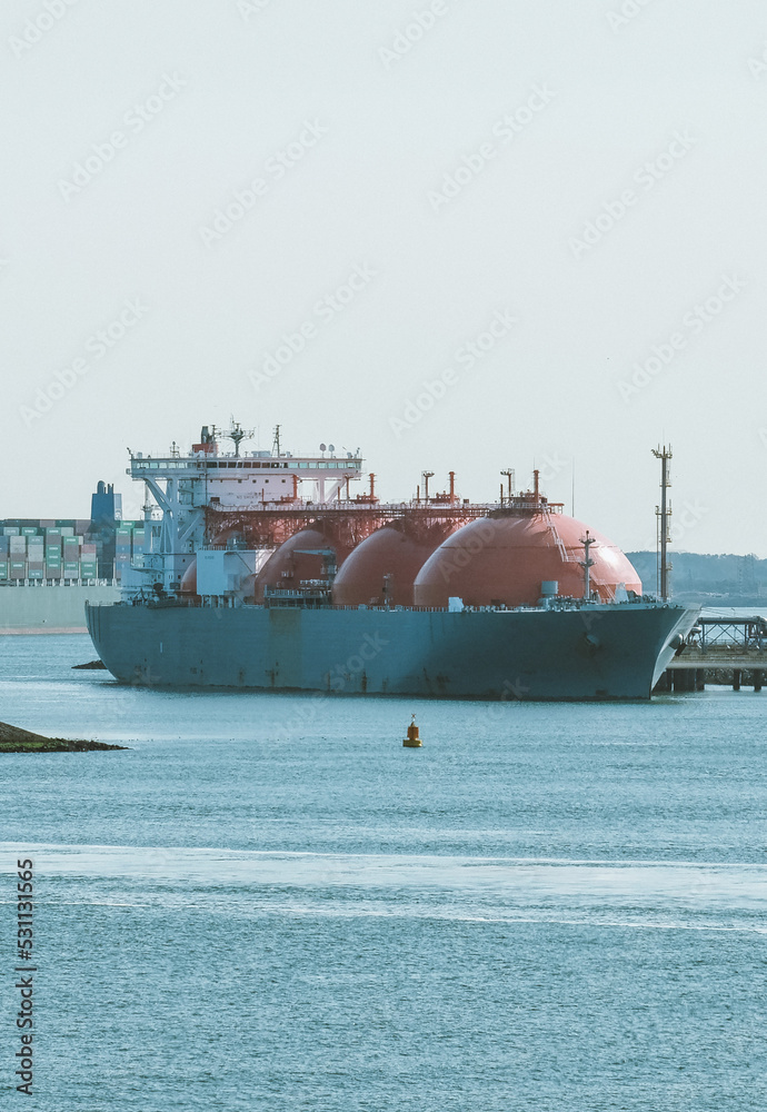 LNG Carrier in the European port during cargo operations.. LNG vessel ...