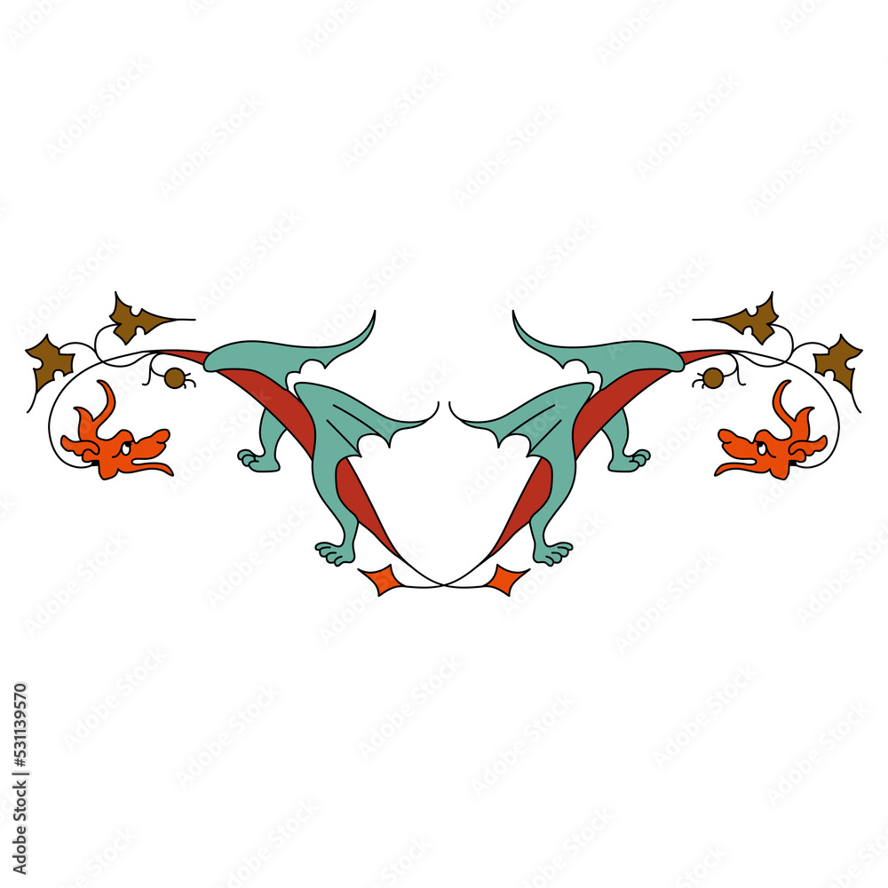 Symmetrical animal design with two fantastic winged dragons and floral ...