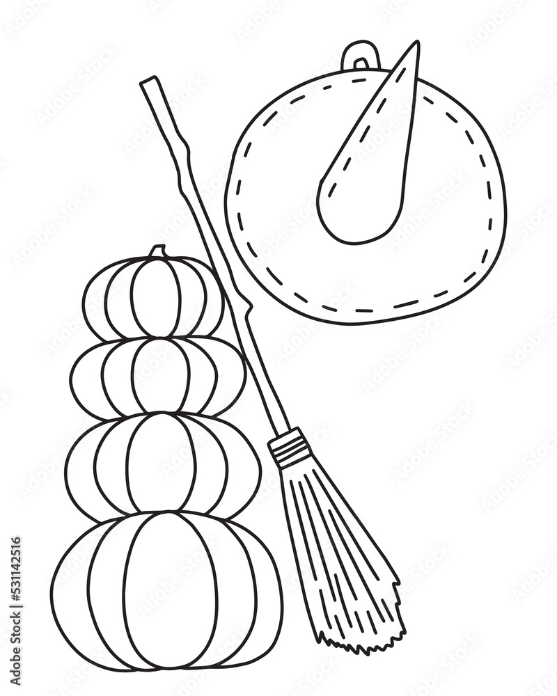 Vector Halloween coloring page with witch hat, pumpkins and broom ...