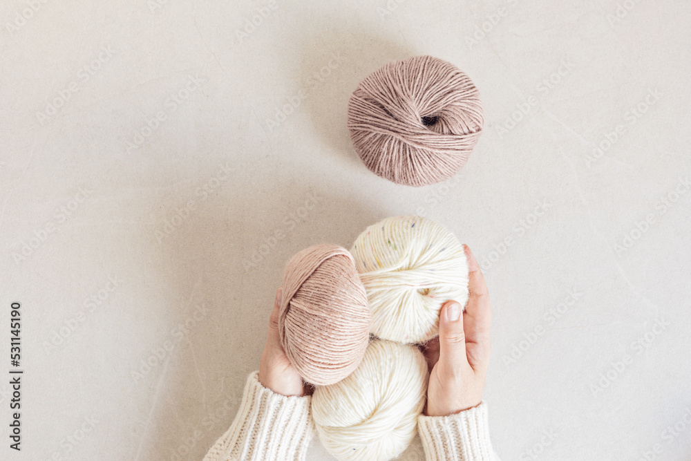 Craft hobby background with yarn in natural colors. Recomforting hobby ...
