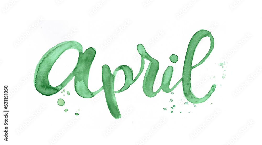 April month of the year in watercolor with splash letters and brush ...