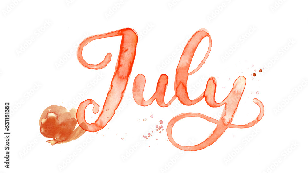 July month of the year in watercolor with splash letters and brush ...