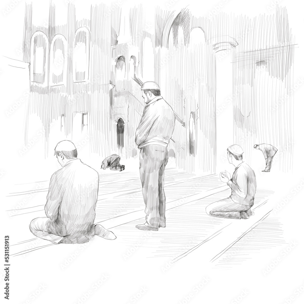 Muslims praying in congregation in the mosque. pencil drawing. Friday ...
