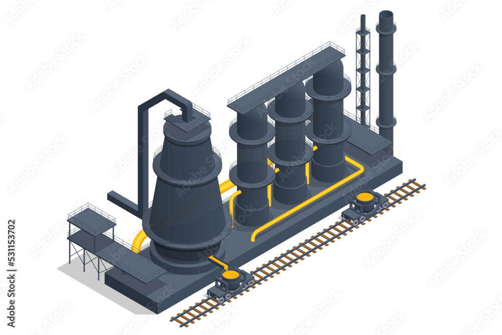 Isometric icons set with Blast furnace slag and pig iron tapping. Iron ...