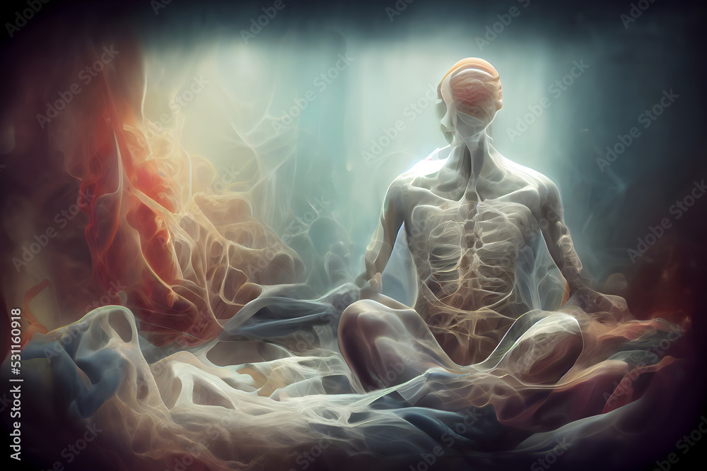 semi-transparent meditating human figure in lotus position with mental ...