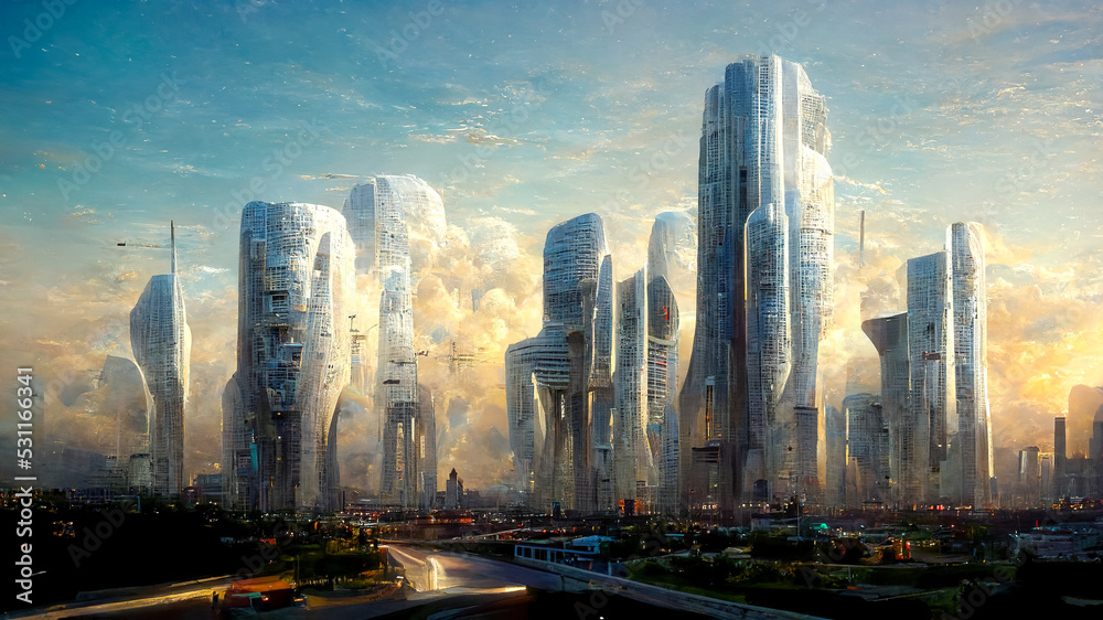 High-rise buildings, flying vehicles, and lush vegetation all coexist ...