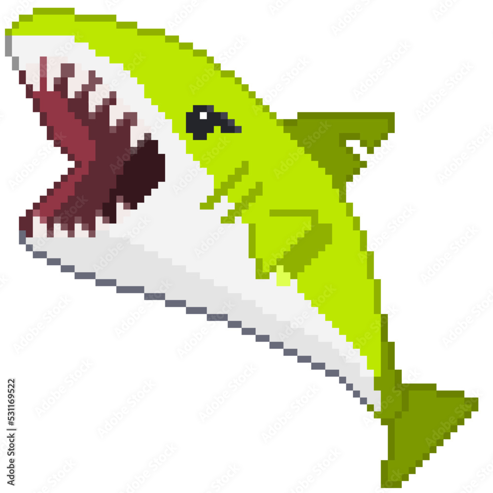 An 8-bit retro-styled pixel-art illustration of a yellow shark. Stock ...