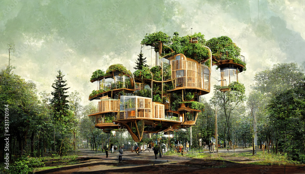 Spectacular image of a sustainable tree house surrounded by greenery in ...
