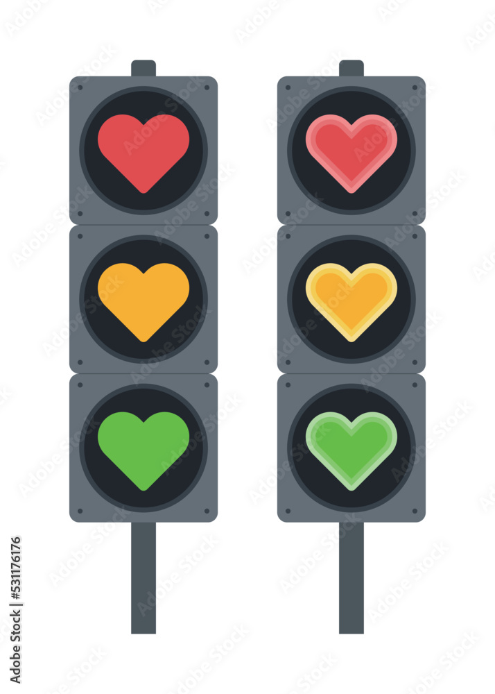 Graphic illustration of a traffic light concept in the shape of a heart ...