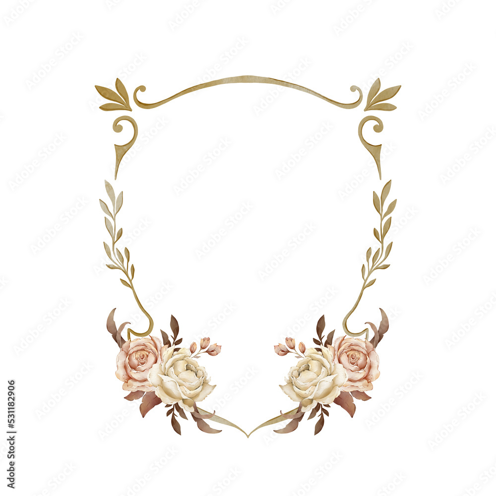 Watercolor crest floral frame Hand drawn template. Autumn golden rose ...