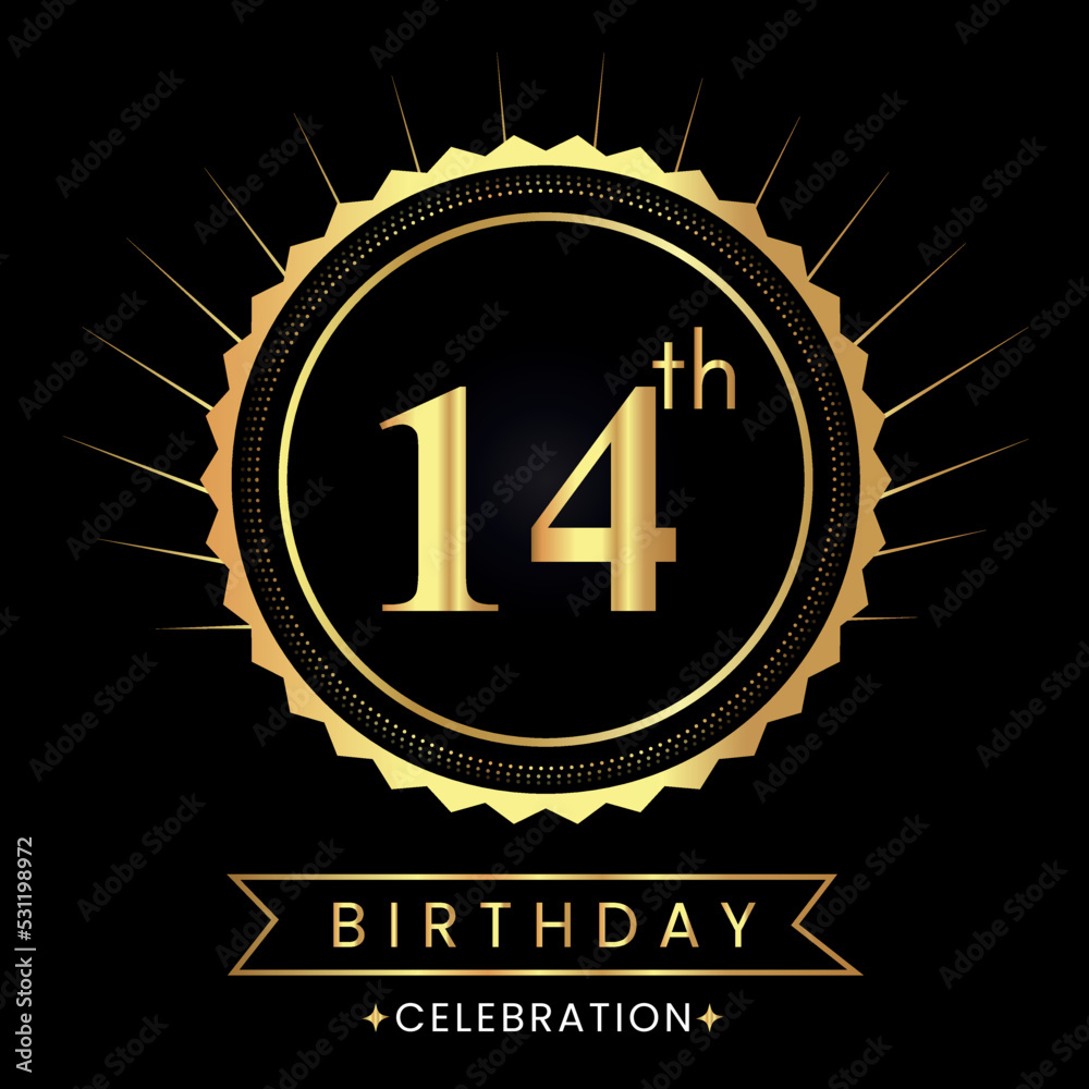 Happy 14th birthday with gold badges isolated on black background ...
