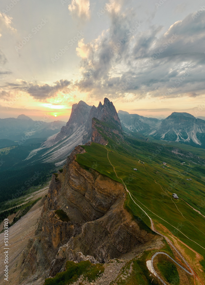 Stunning view of the Seceda ridge during a cloudy day. The Seceda with ...