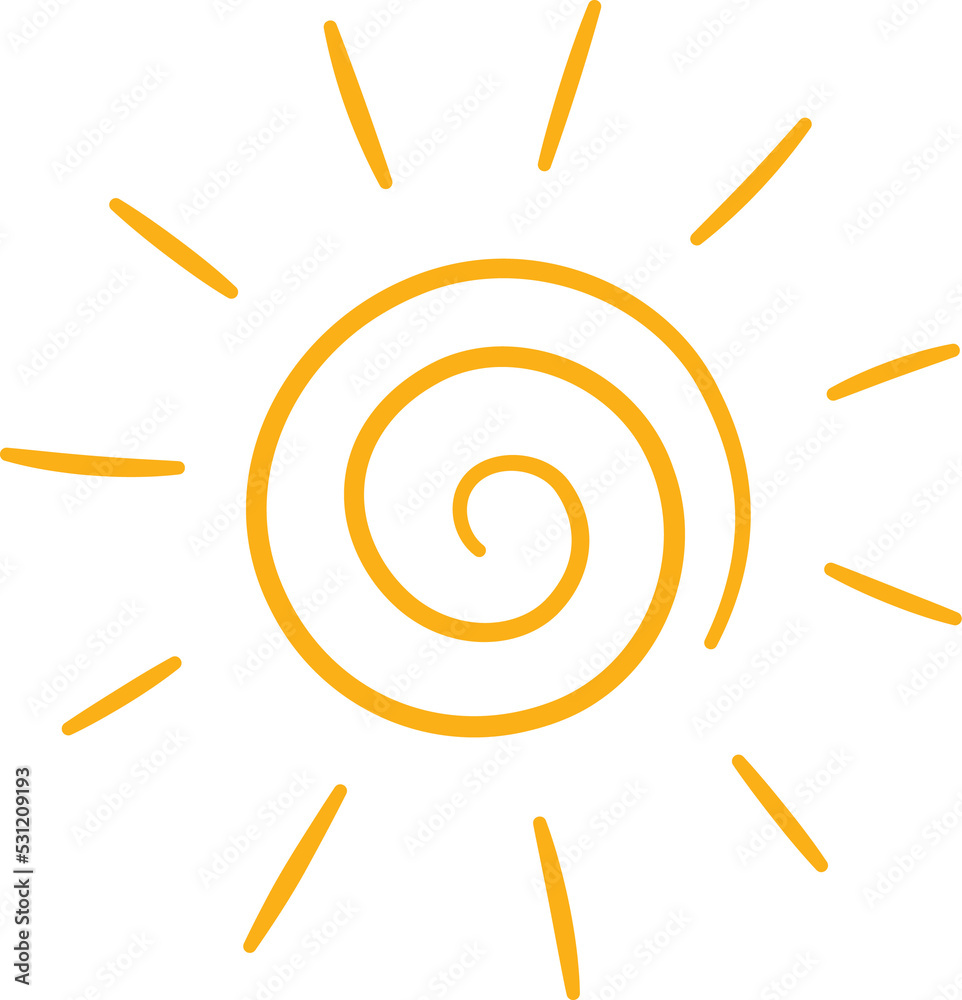 Doodle childish sun icon. Scribble yellow sun with rays symbol. Doodle ...