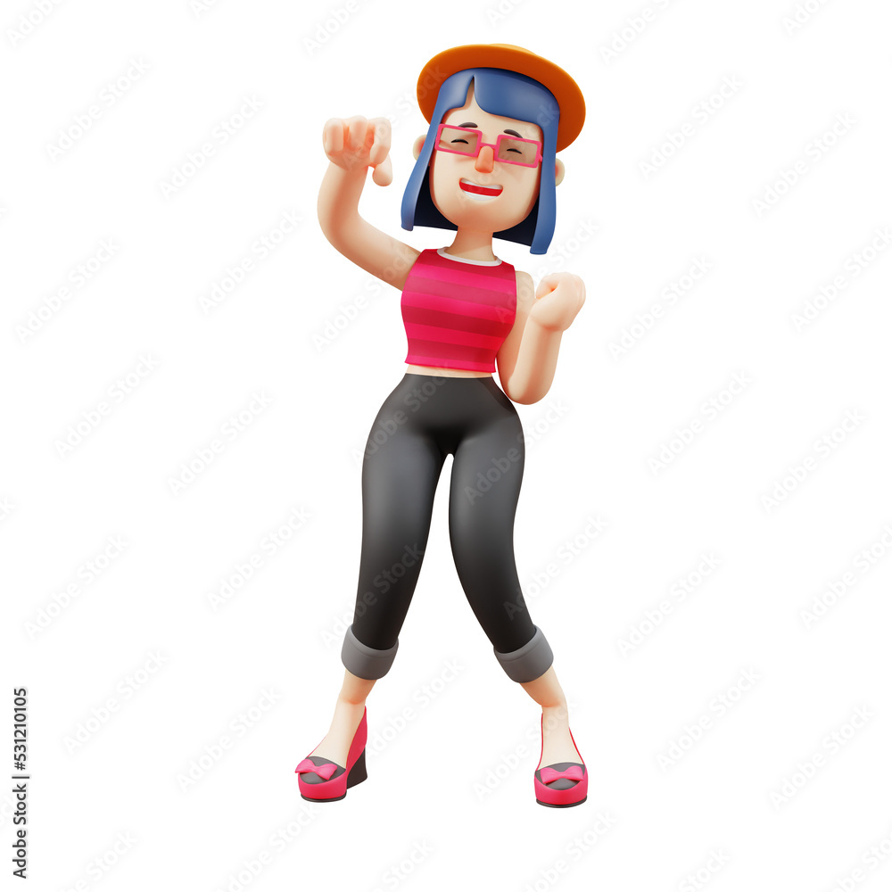 3D Illustration. Cartoon Woman Funny Face 3D. crossed leg standing pose ...