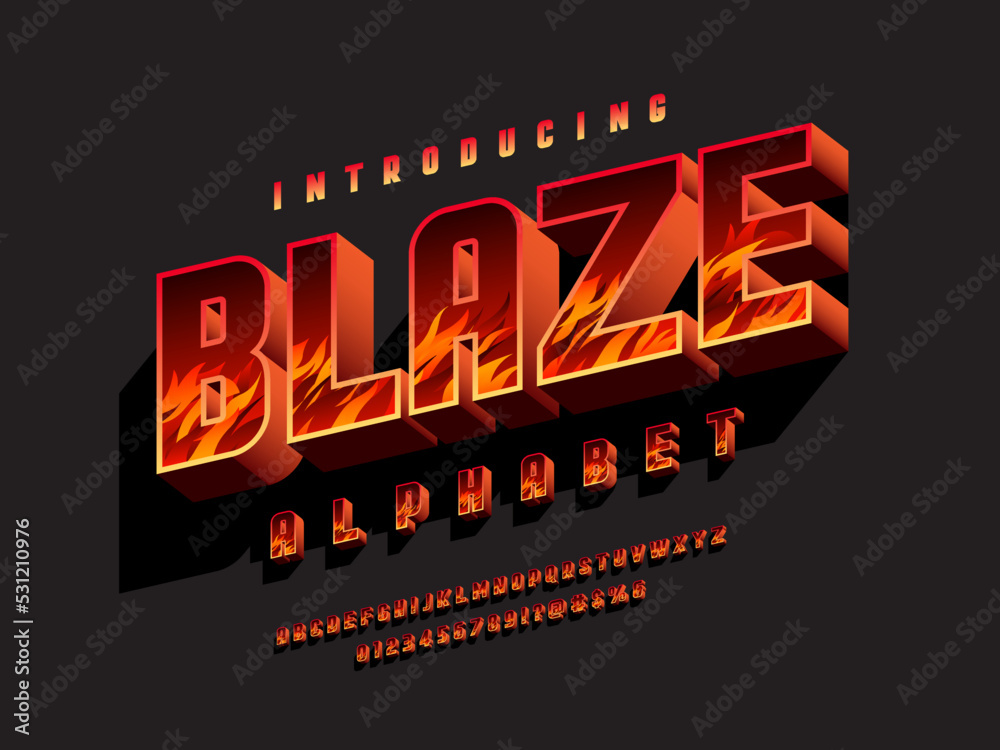 fire style alphabet design with uppercase, numbers and symbols Stock ...