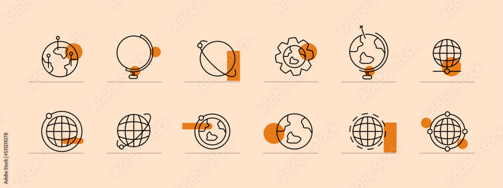 Geography set icon. Globe, world, orbit, axis, equator earth, setting ...