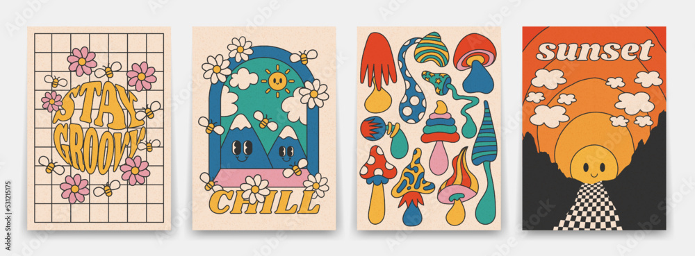 Bright groovy posters 70s. Retro poster with psychedelic landscapes ...