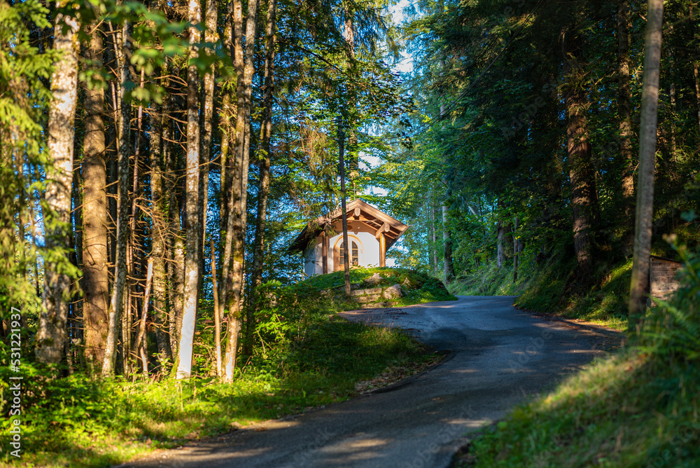 Typical Road roadside chapel on the road in the Berchtesgaden Alps in ...