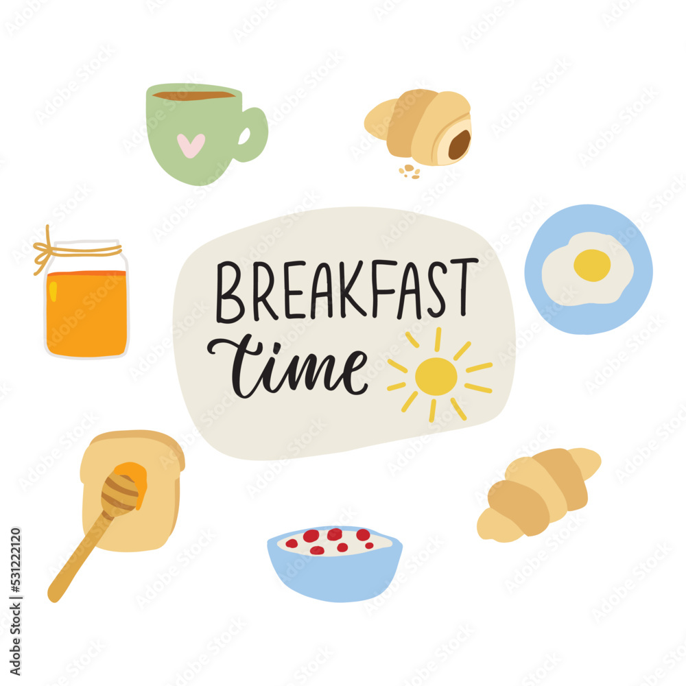 Daily routine stickers set. Cute cartoon vector breakfast icons for ...
