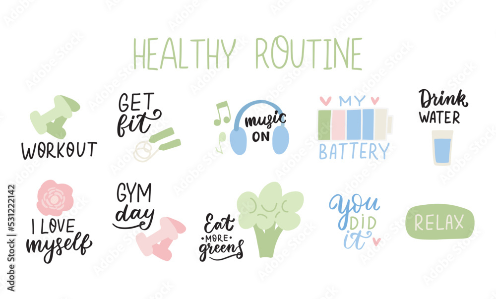 Healthy daily routine stickers set. Cute cartoon vector icons and ...