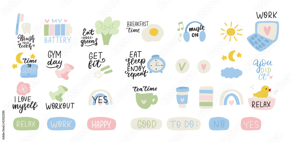 Daily routine stickers set. Cute cartoon vector icons and lettering ...