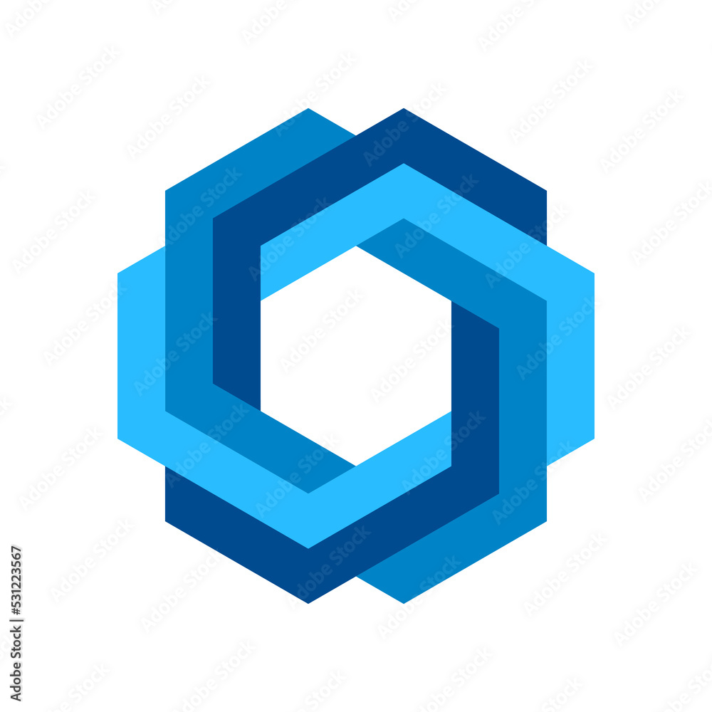 Blue impossible hexagon symbol. Endless geometric figure. Triple hexagonal loop. Business logo ...
