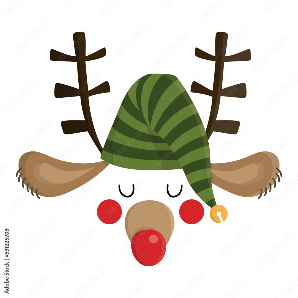 Funny face of a Rudolph the reindeer with an elf hat, Christmas ...