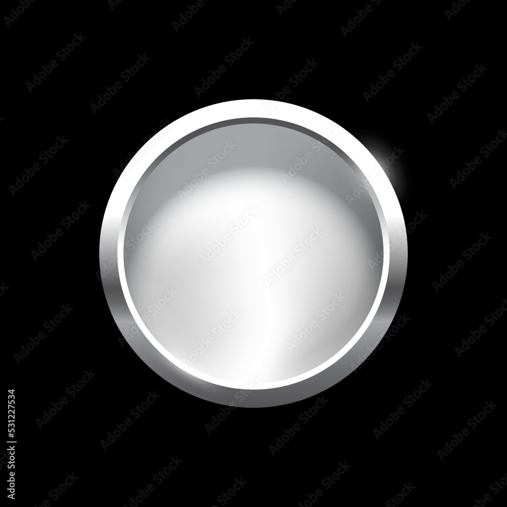 Silver round button with frame vector illustration. 3d steel glossy elegant circle design for ...