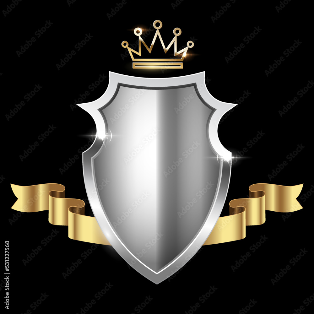 Silver shield with gold crown and ribbon. Metal heraldic emblems vector ...