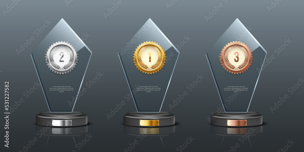 Glass awards realistic vector illustration. Crystal prizes with golden ...