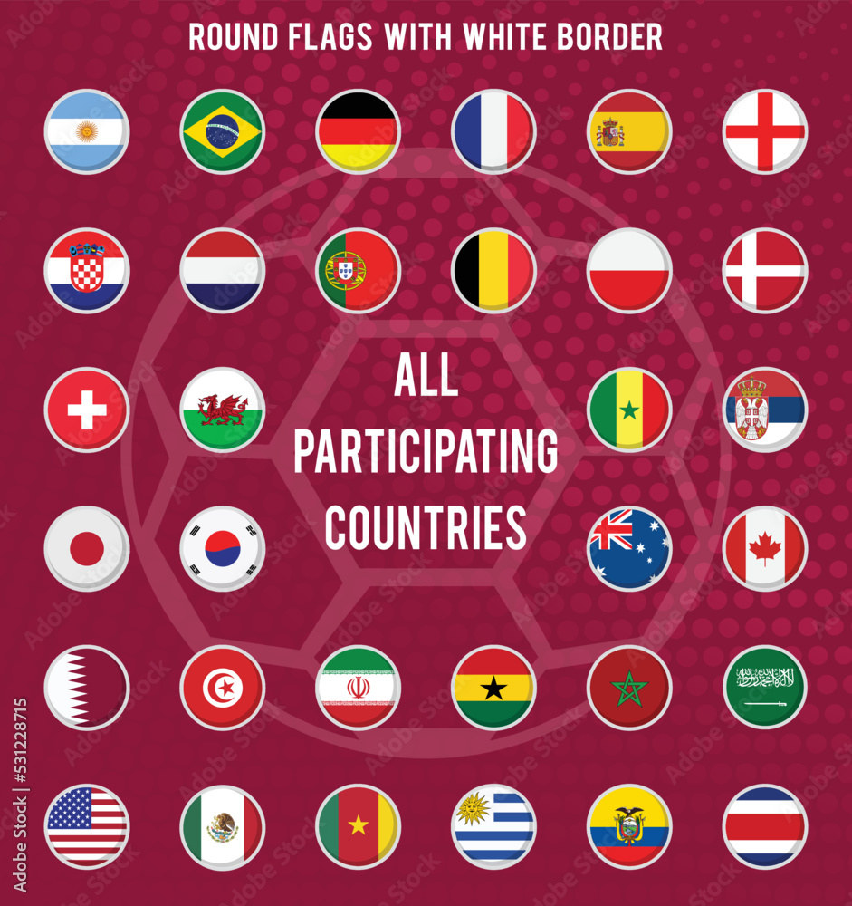 All participating countries Round Shaped National Flags with Golden ...