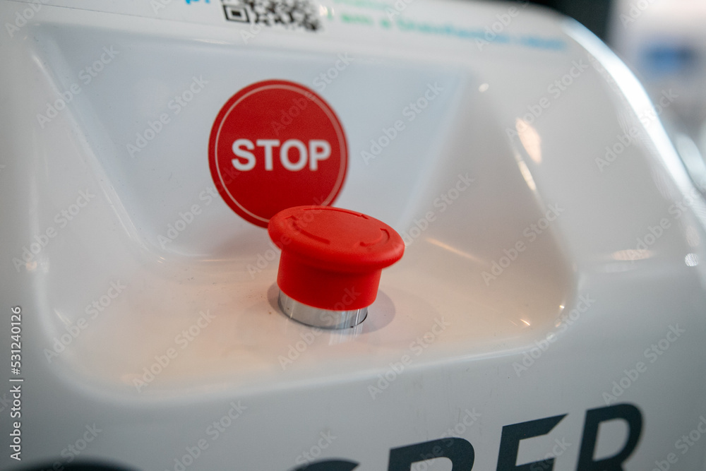 Press the machine red emergency stop button Stock Photo | Adobe Stock