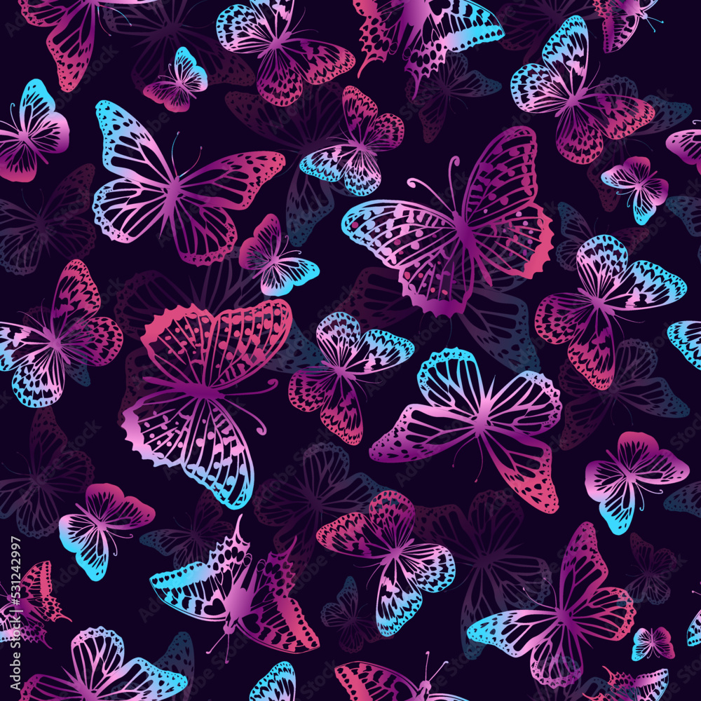 Butterfly pattern. Seamless background with purple and neon butterflies ...