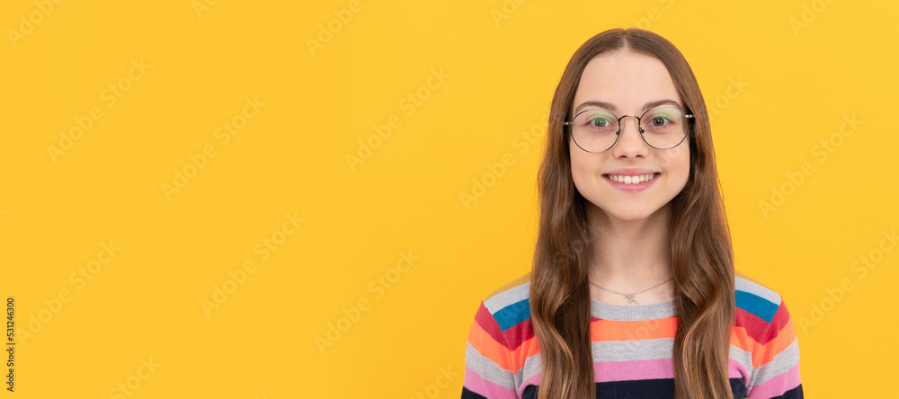 happy teen girl look through eyeglasses. vision acuity. eyesight ...