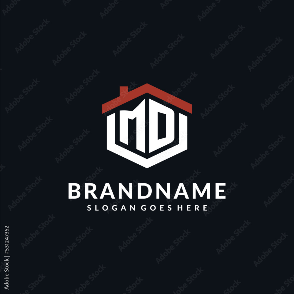 Initial letter MD logo with home roof hexagon shape design ideas Stock ...