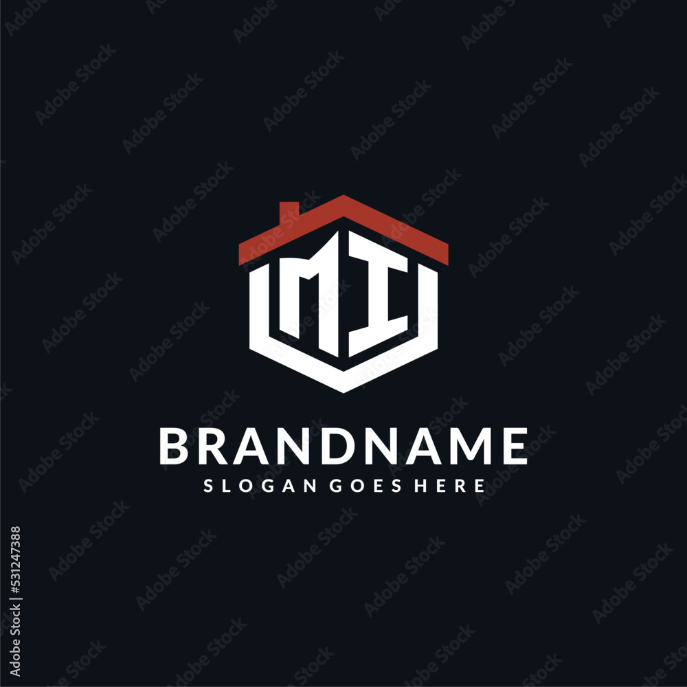 Initial letter MI logo with home roof hexagon shape design ideas Stock ...
