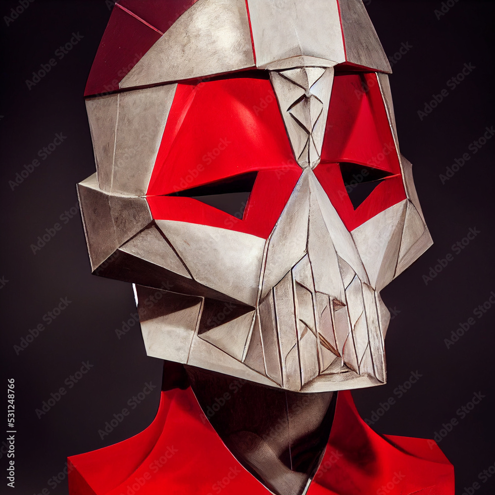 Akuma (Devil) Samurai Mask red and black metal, wood and bone isolated ...