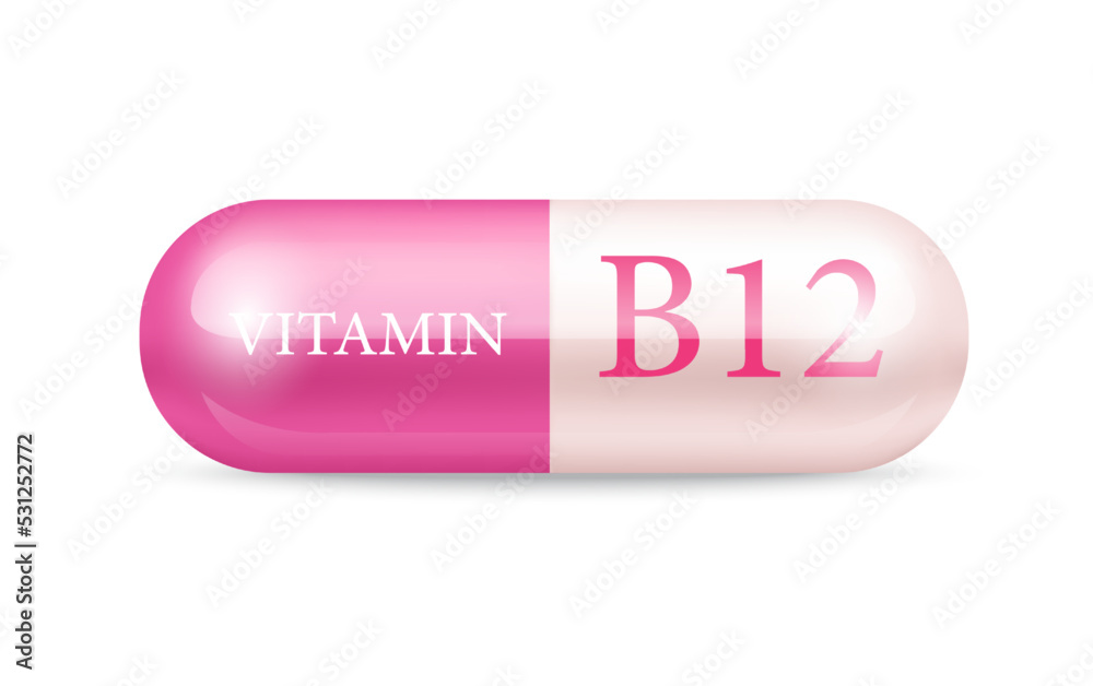Capsule vitamin B12 structure Pink and white. transparent capsule pill ...
