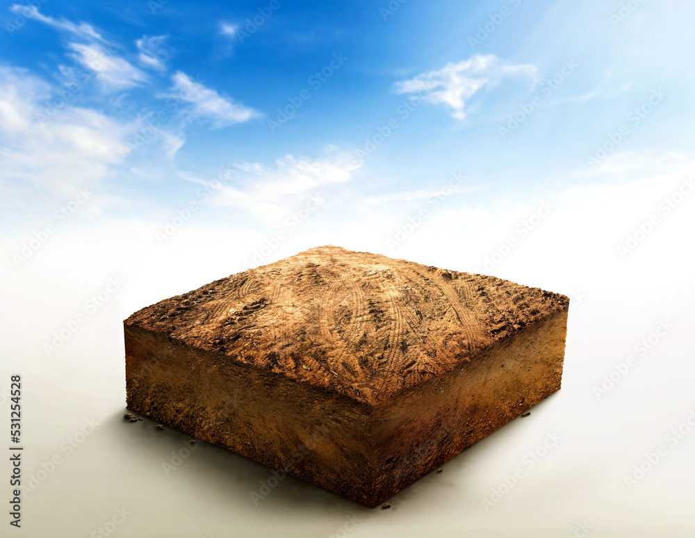 3D Illustration, cubical soil ground cross section with Empty dry soil ...