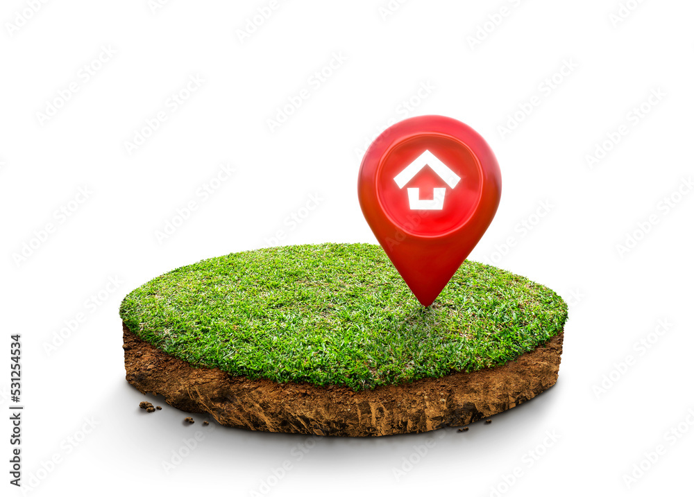 House symbol with location pin icon on round soil ground cross section ...