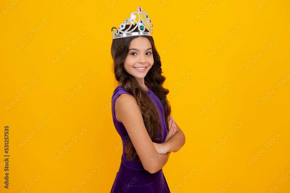Teenager princess child celebrates success win and victory. Teen girl ...