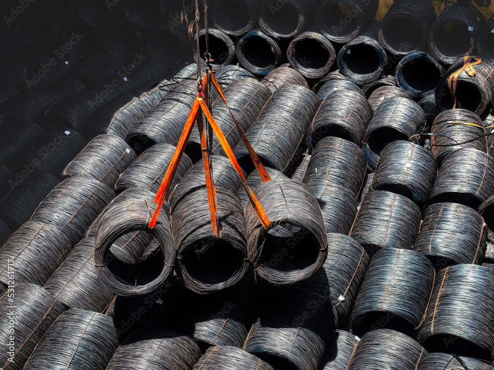 Top view of wire rods in coils stowage into cargo hold of the vessel ...