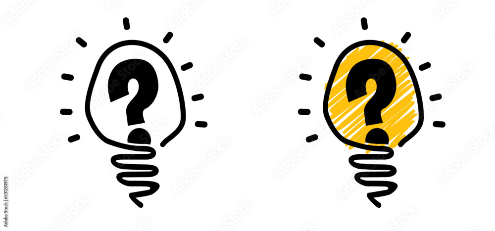 Cartoon brain electric lamp idea with question mark. FAQ, business ...