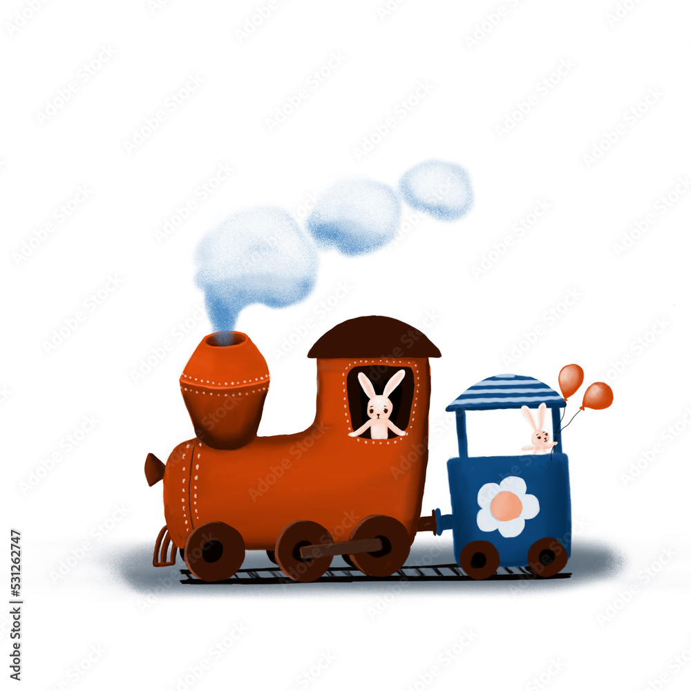 Cartoon train with cute little Rabbits on waggons. Watercolor clip art ...