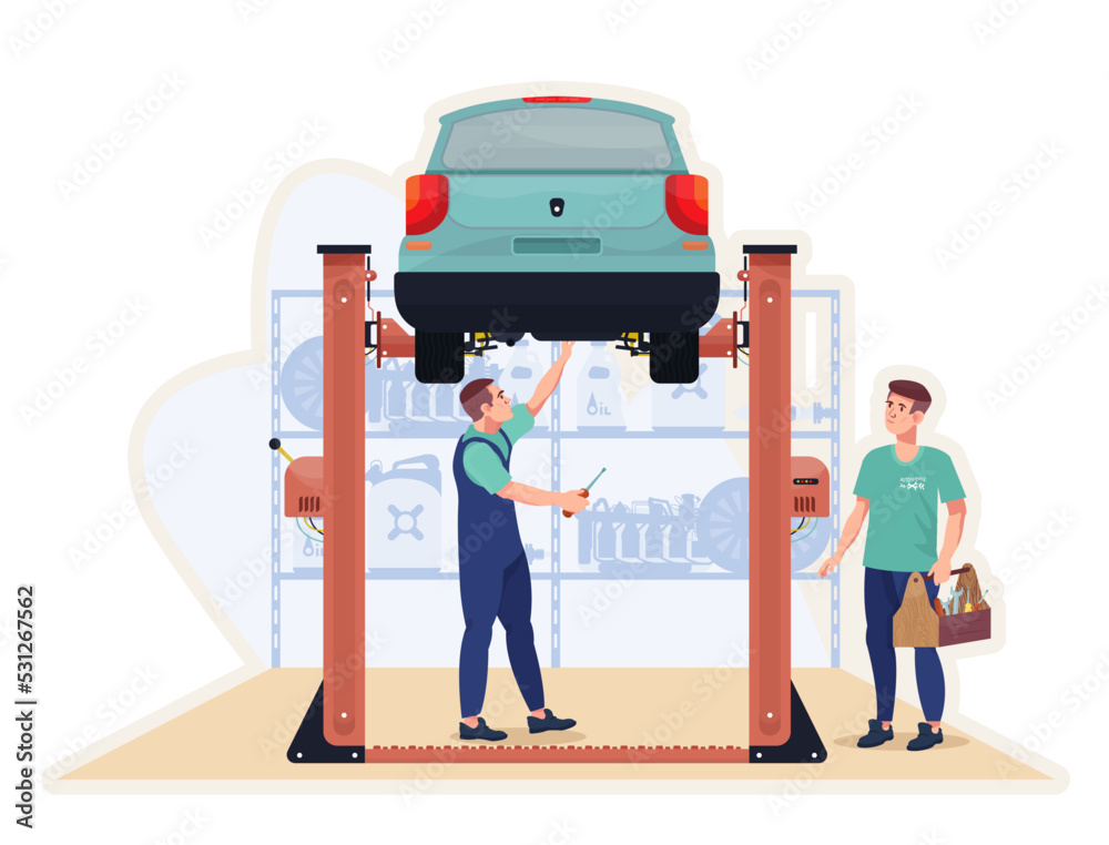 Repairmen repairing car in the workshop. Inspection, diagnostics ...