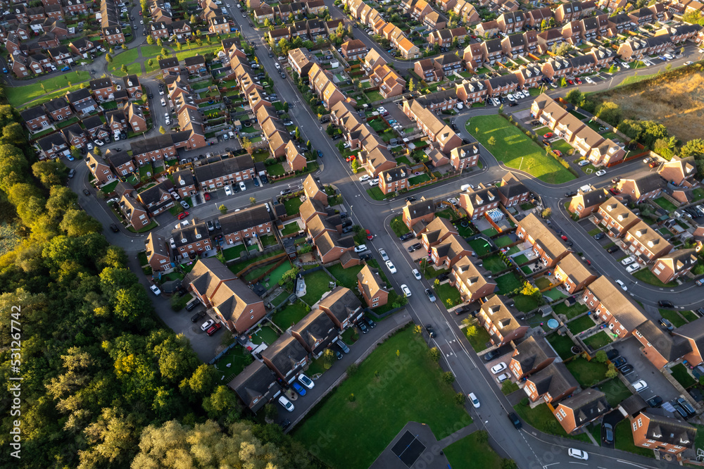 Top down aerial view of houses and streets in a residential area UK New ...